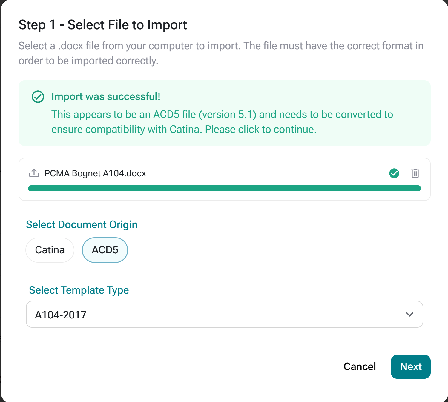 Importing ACD5 draft documents using the Finalize AIA Document option ...